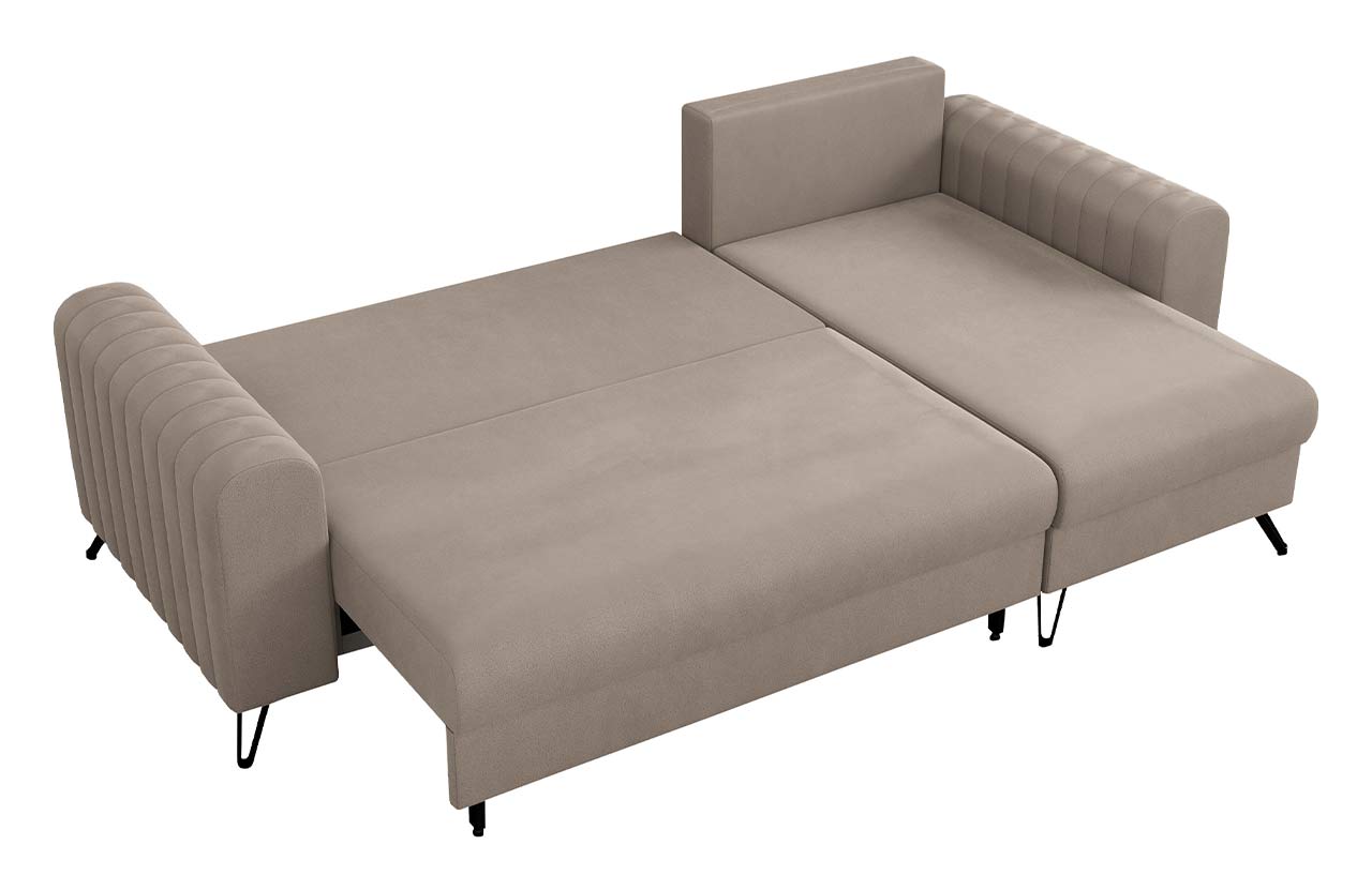 Stylowa kanapa narożna z wbudowaną funkcją spania i dwoma pojemnikami ...