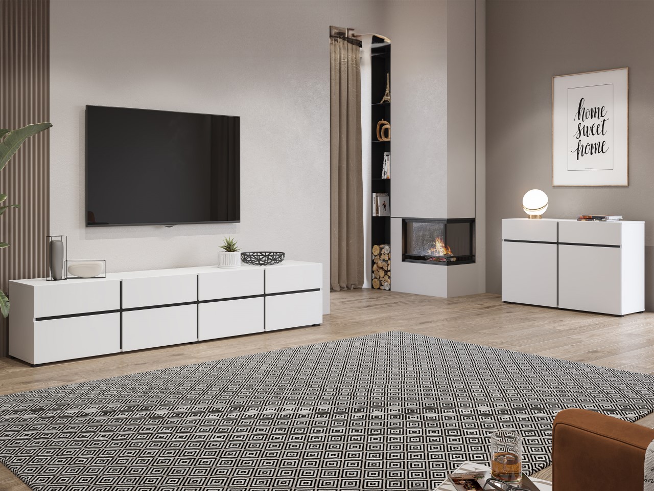 Nowoczesny zestaw białych mebli do salonu, komoda i szafka RTV - TONI - sklep MKS Meble